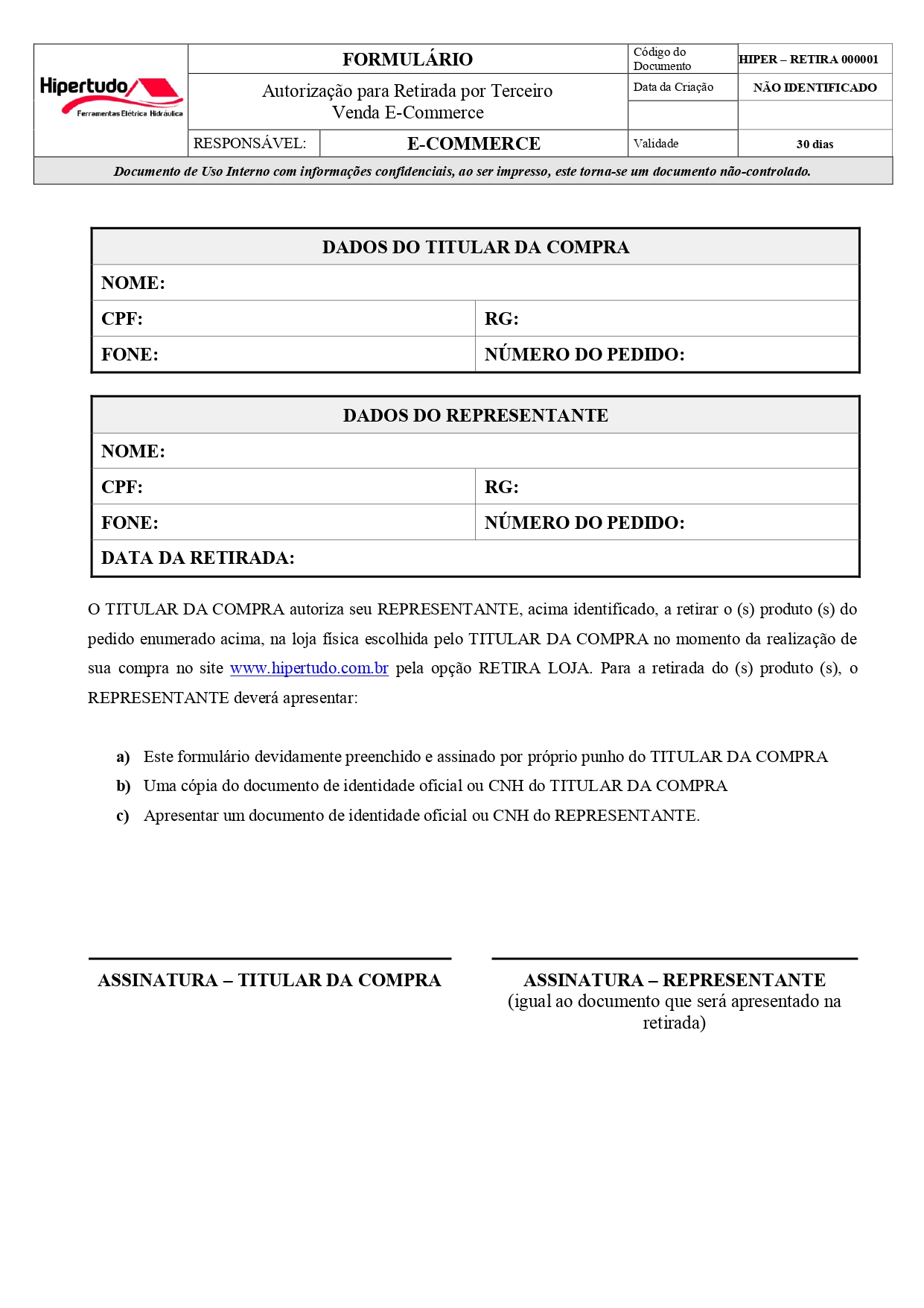 Formulário Para Retirada De Compras no Site Formulário Para Retirada De Compras no Site
